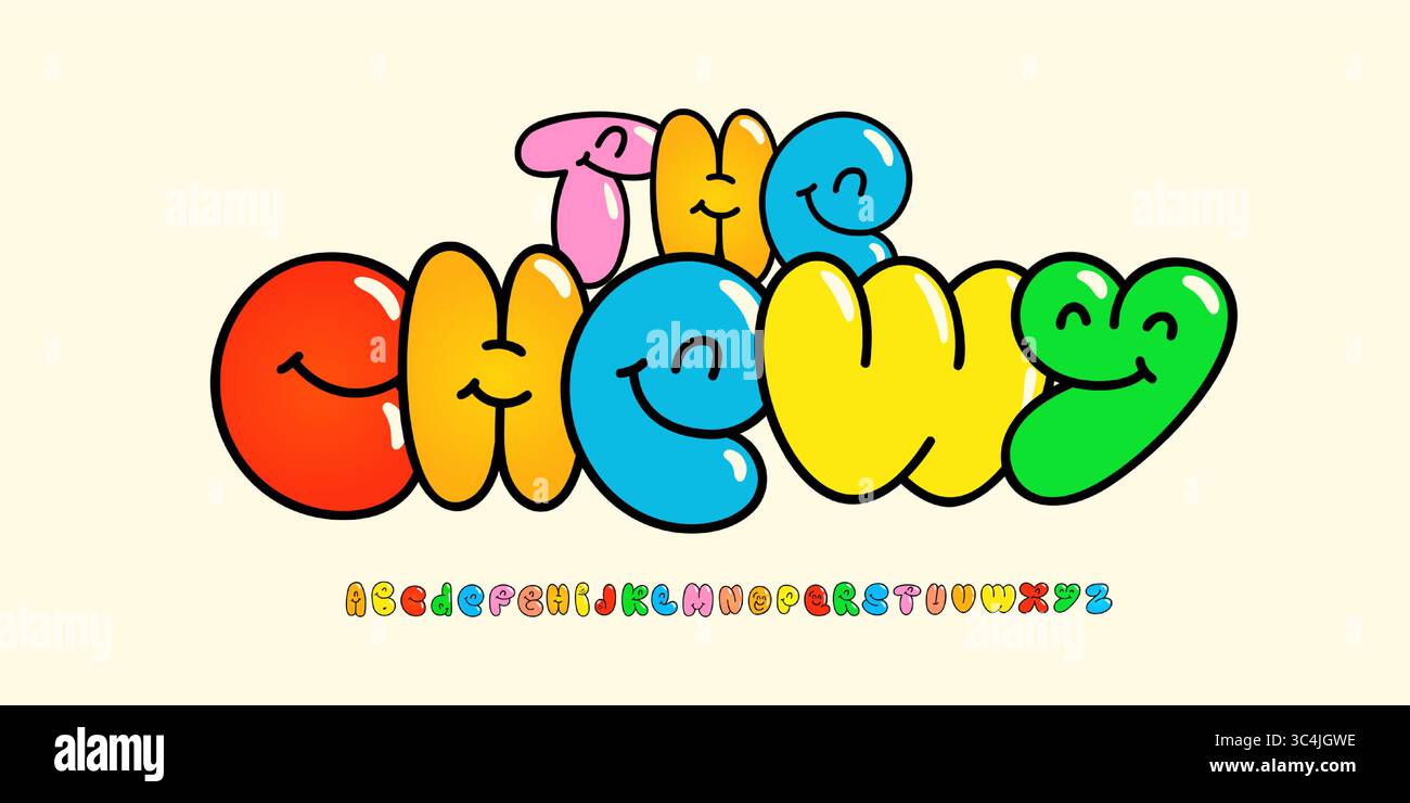 Chewy bubble alphabet, bold rounded letters, cute cartoon font for kids ...
