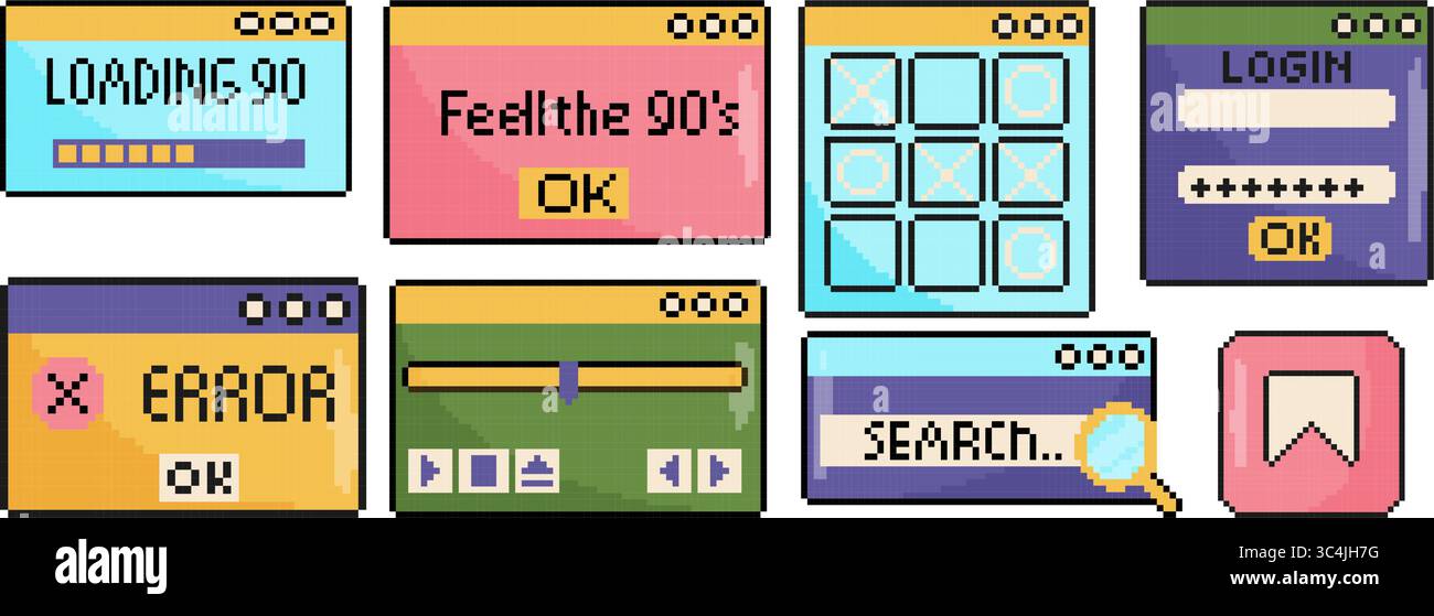 8 bit UI and UX elements set. Pixel art objects. Retro 80s,90s video ...