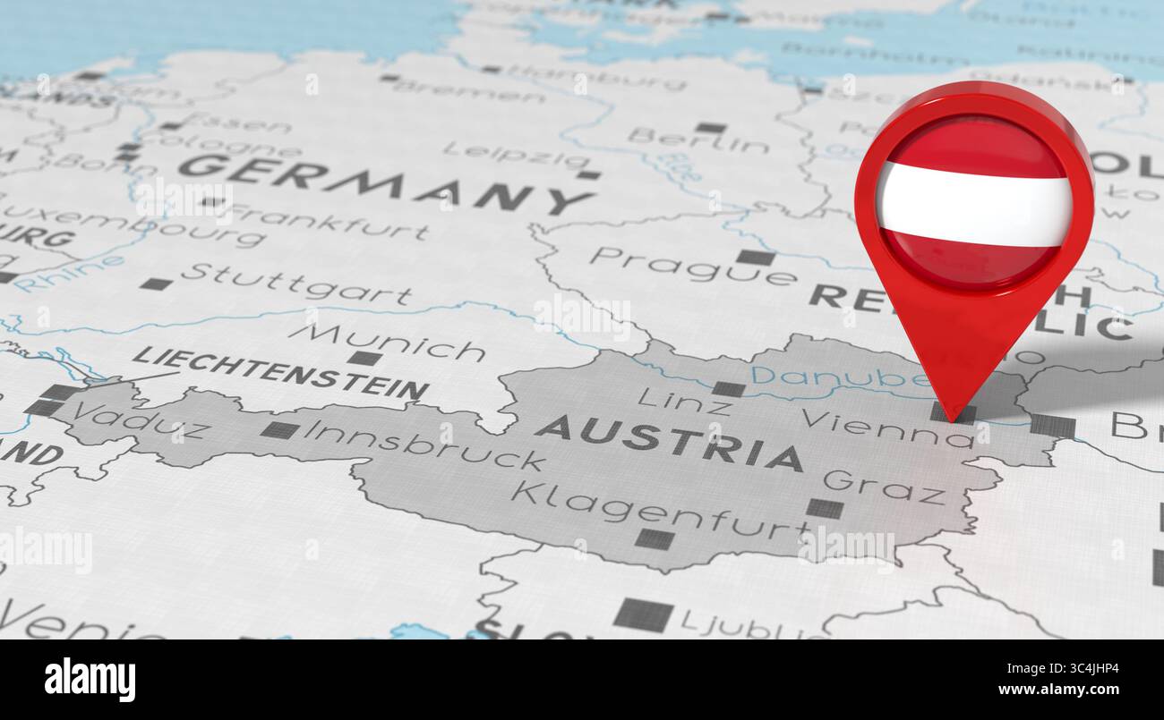 Austria, Vienna - location pin with national flag on political map - 3D ...