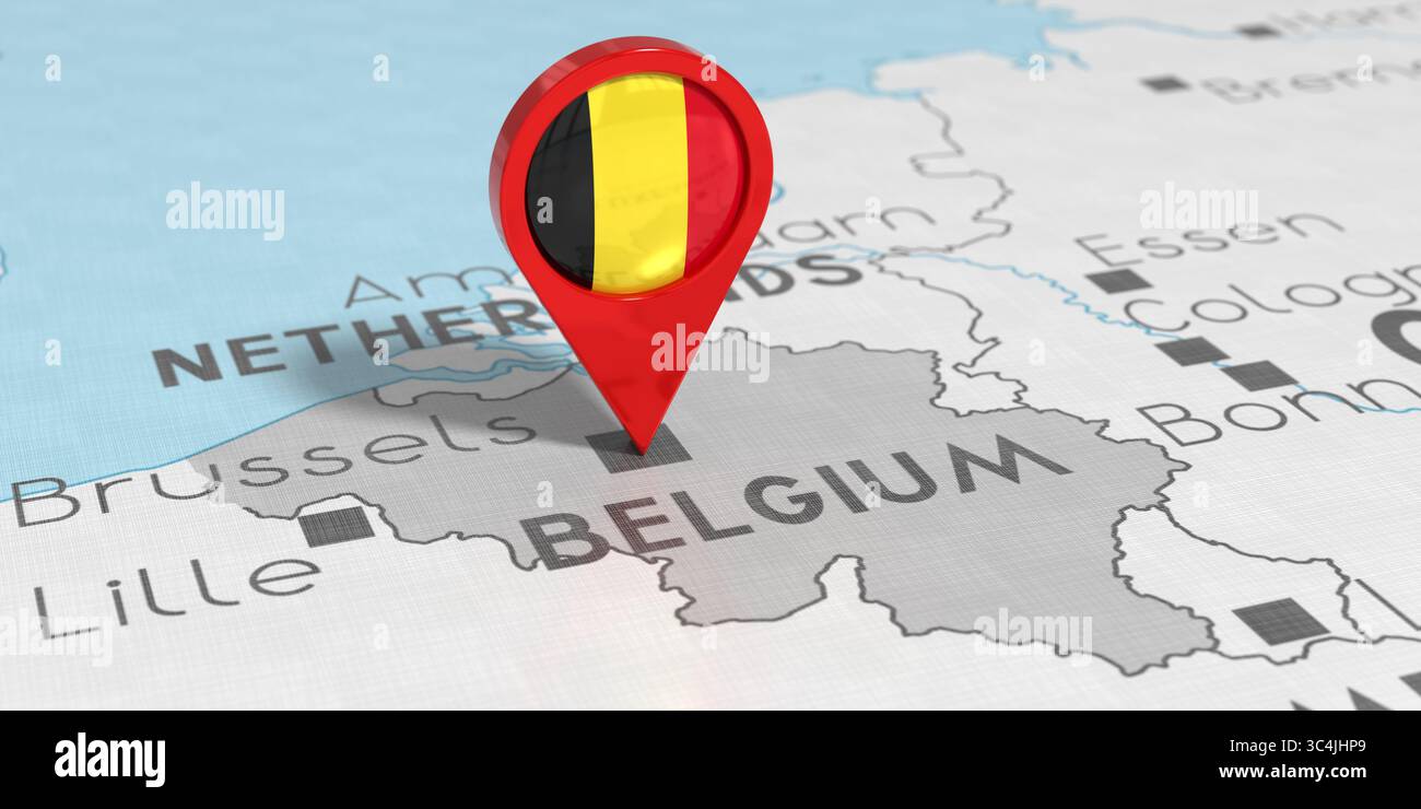 Belgium, Brussels - location pin with national flag on political map ...