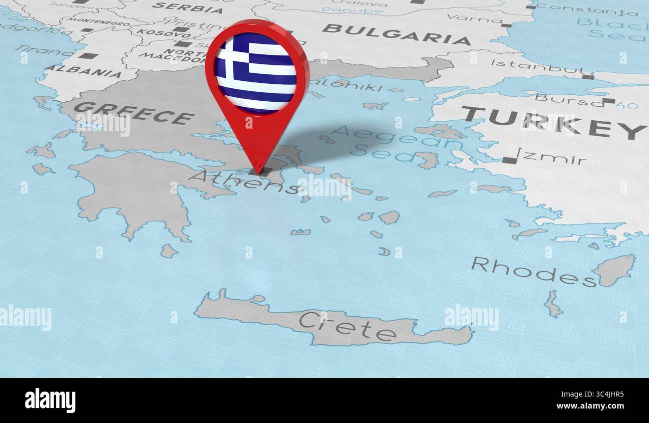 Greece, Athens - location pin with national flag on political map - 3D ...