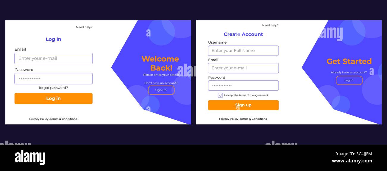 Register and login page layout with email and password fields. Simple ...