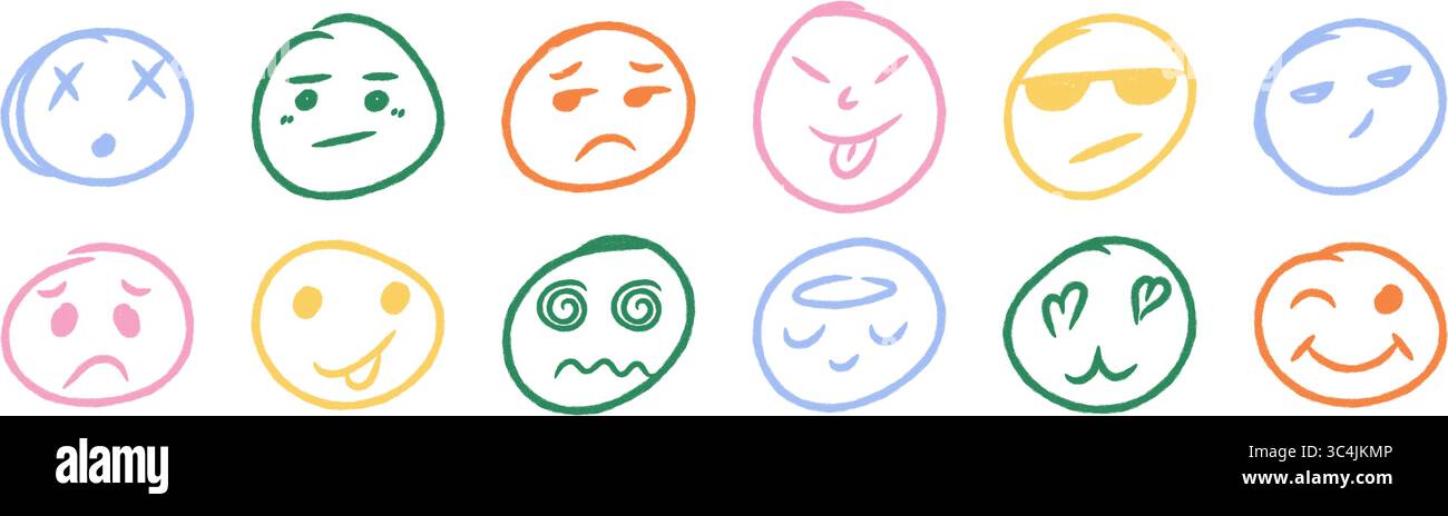 Hand drawn crayon emoji faces set. Colorful doodle style emoticons with ...