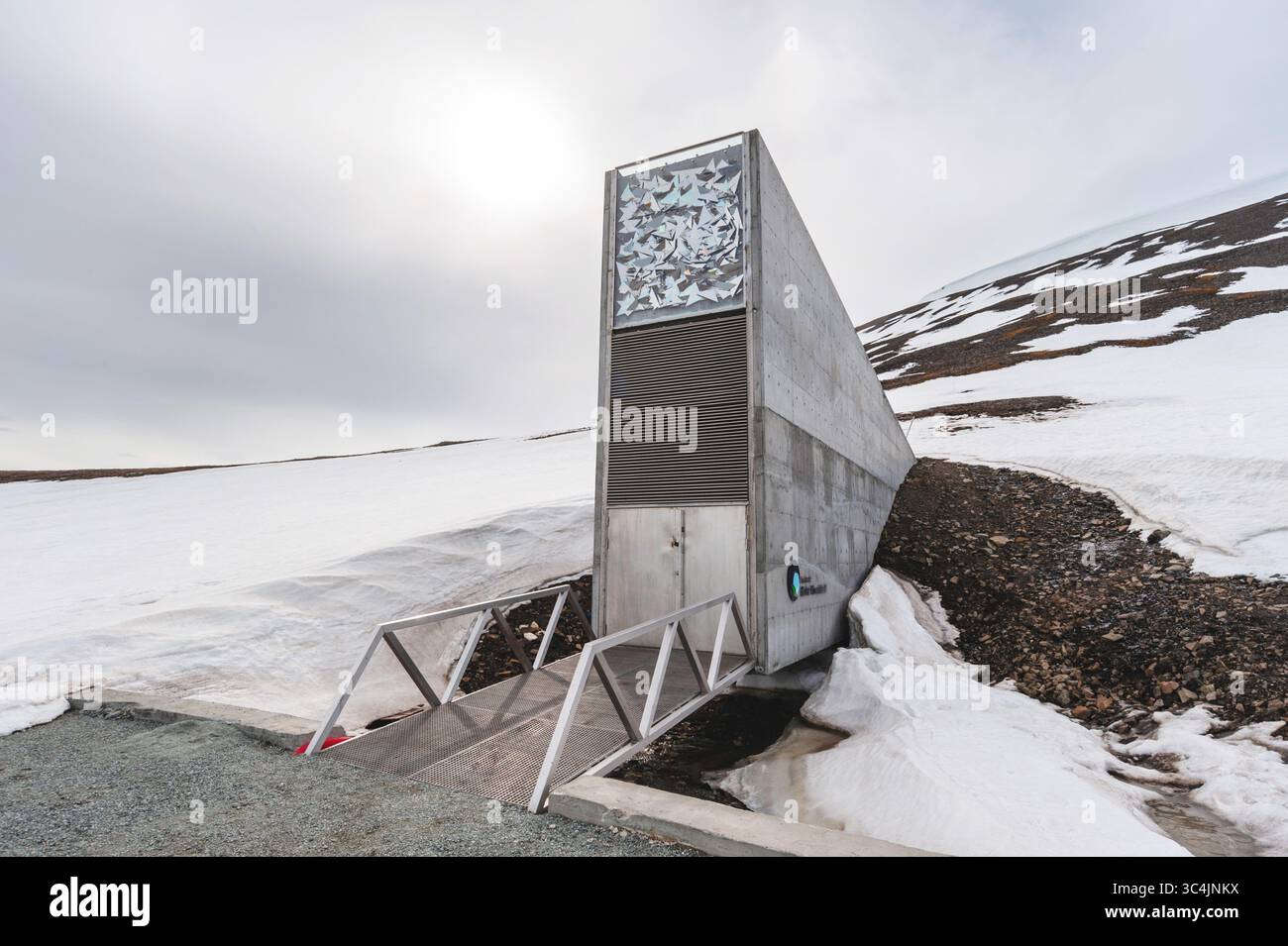 entrance to the Svalbard Global Seed Vault built into a snow covered ...