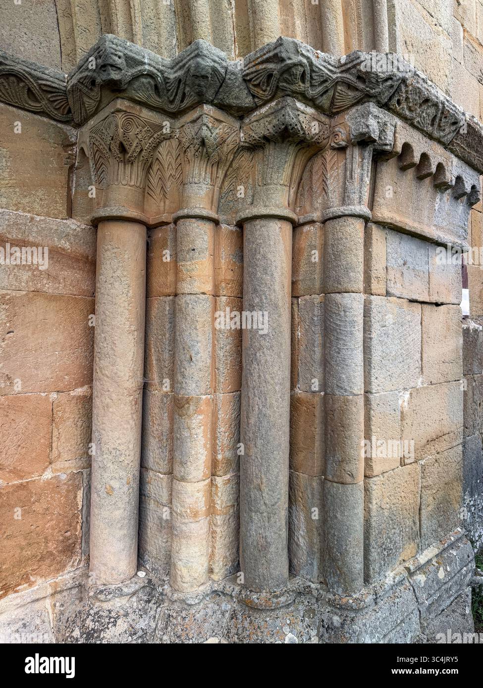 Detailed stone carvings on medieval columns and capitals of Spanish ...