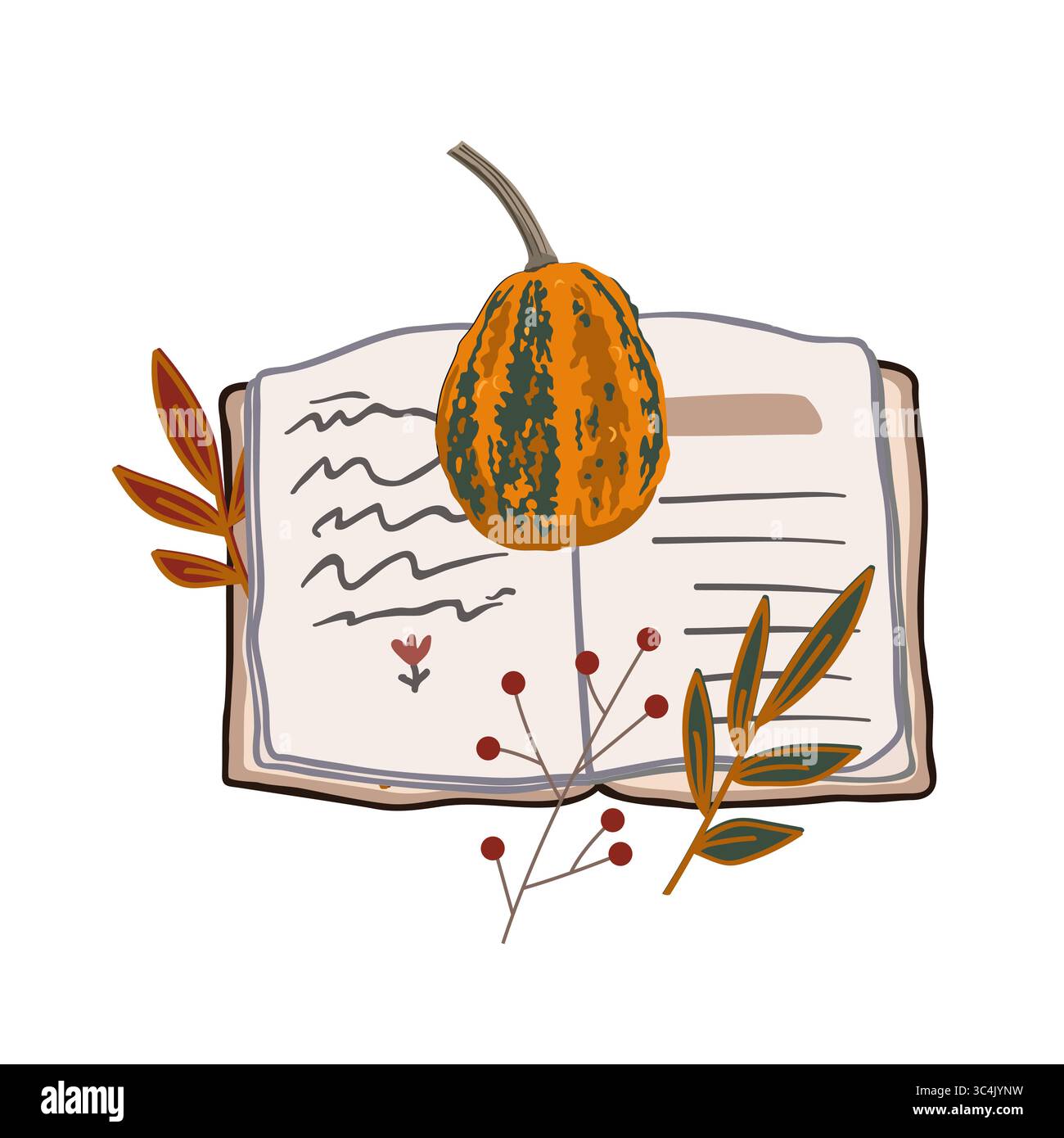 Fall Aesthetic Composition with open book, Pumpkin, and leaves. Vector ...