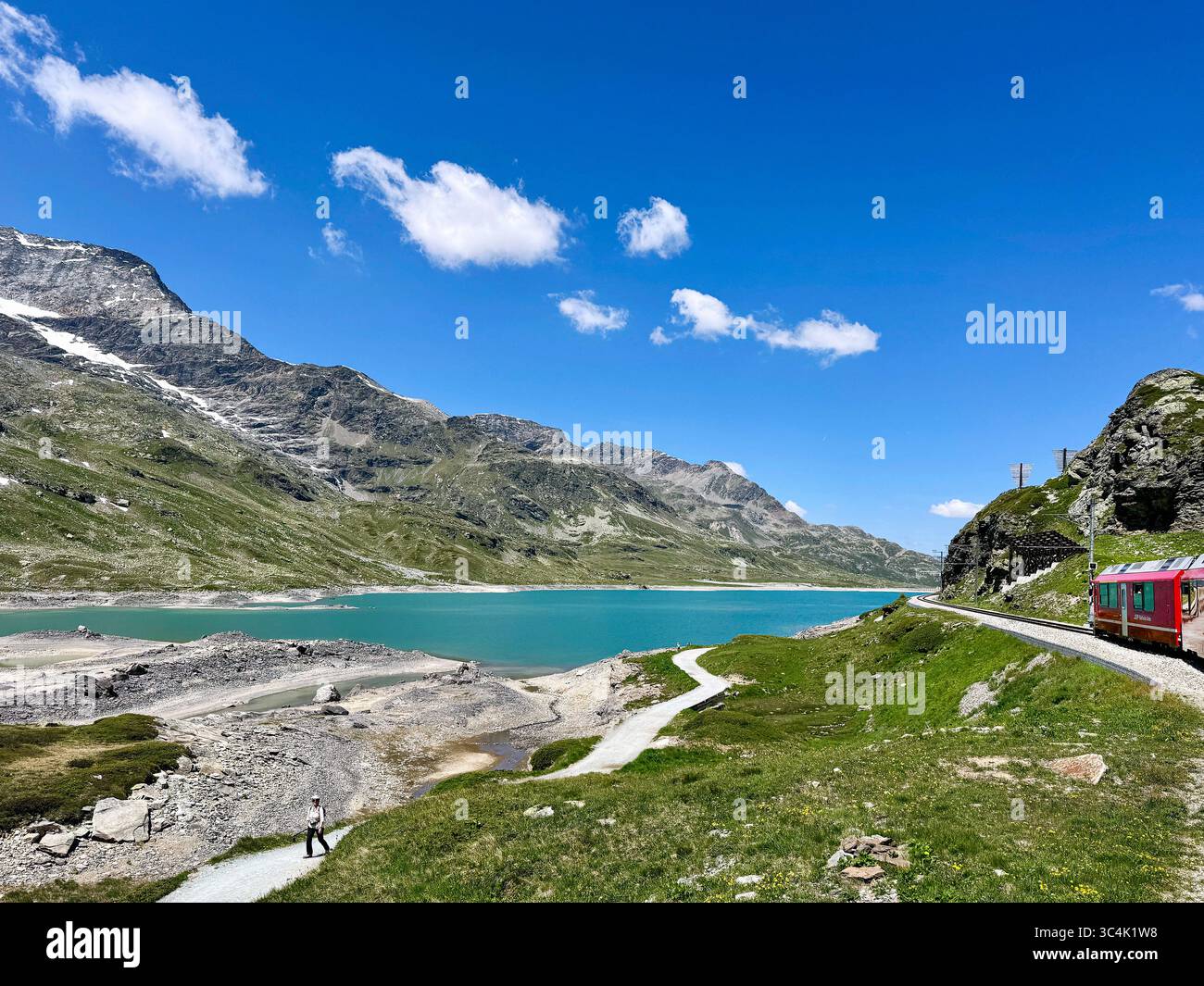 Bernina Express travels along Lago Bianco, Bernina Pass, Switzerland ...