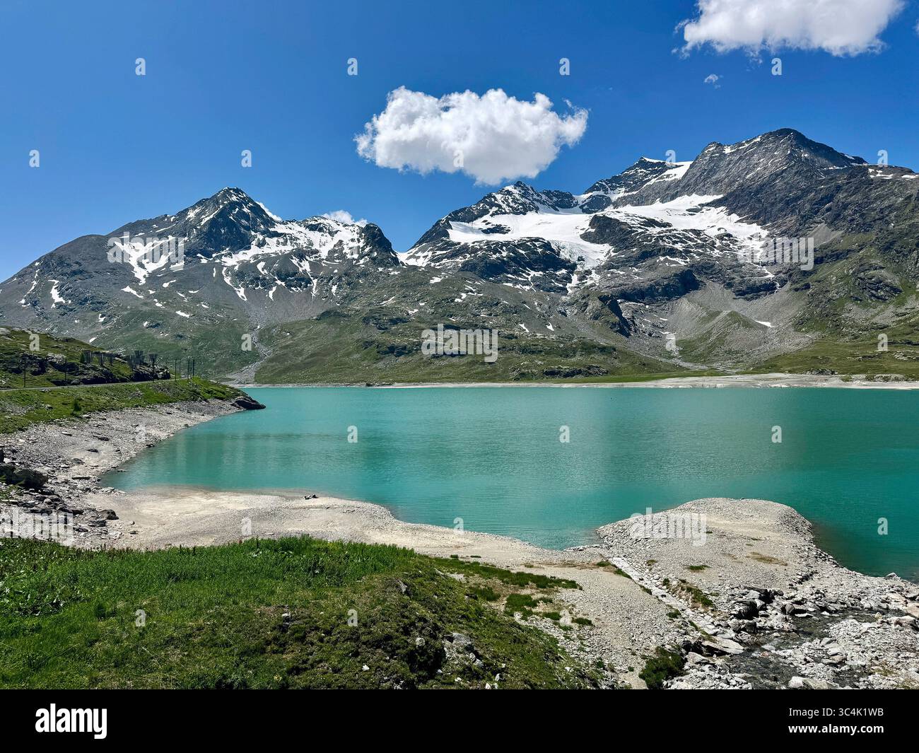 Bernina Express travels along Lago Bianco, Bernina Pass, Switzerland ...