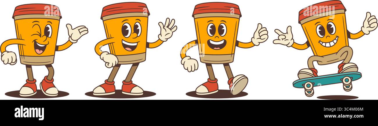 Cartoon coffee mascots with dynamic poses like waving, skating, walking ...