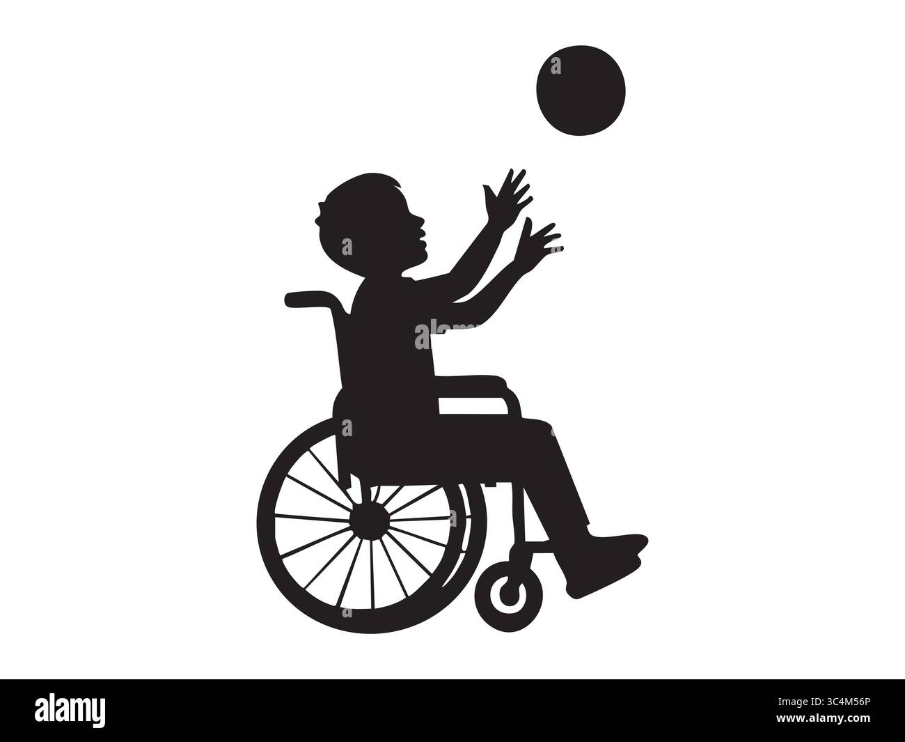 Black silhouette of disabled boy in wheelchair playing with ball ...