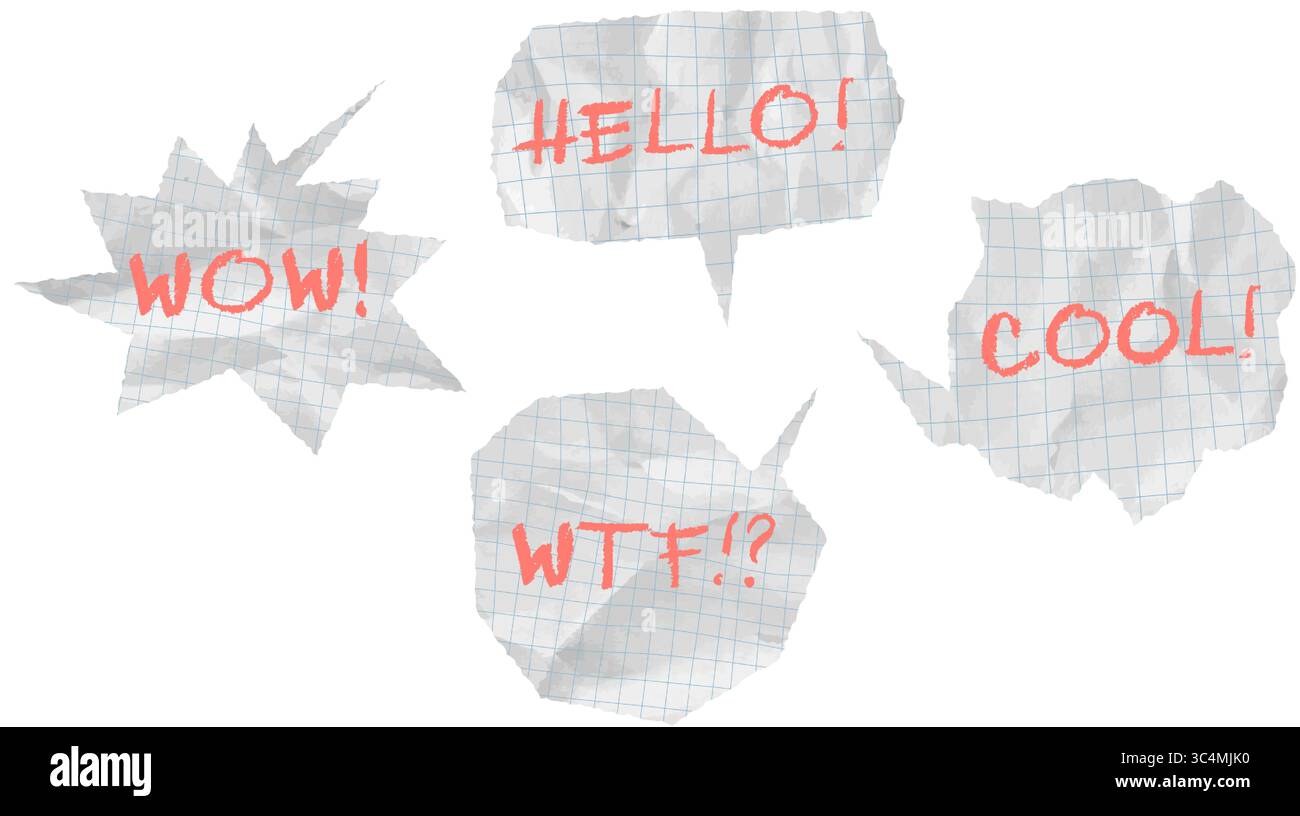 Wrinkled and crumpled torn paper speech balloons with red words: WOW ...