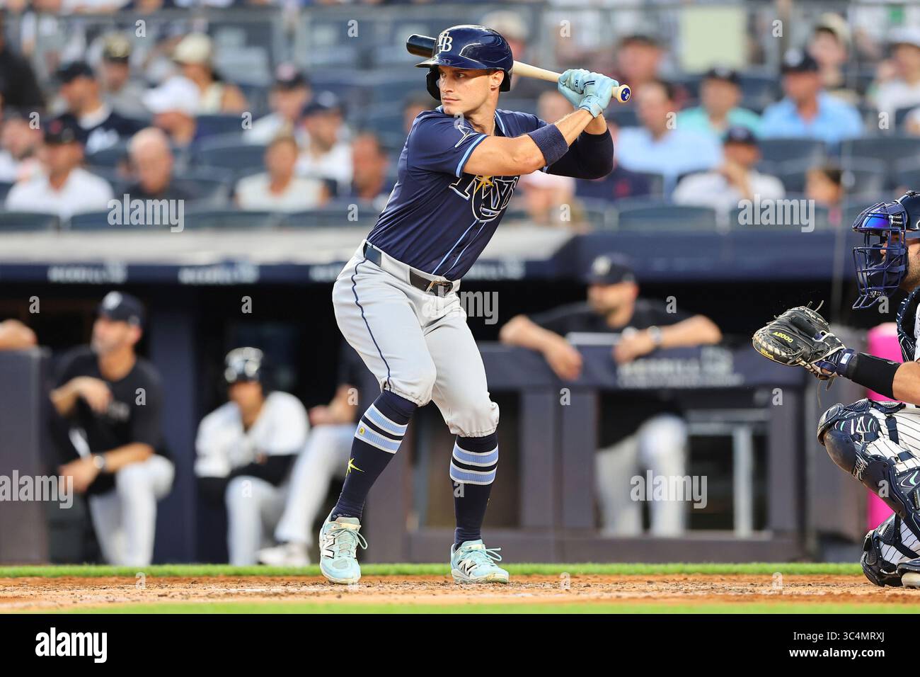 BRONX, NY - JULY 28: Jake Mangum #28 of the Tampa Bay Rays at bat ...