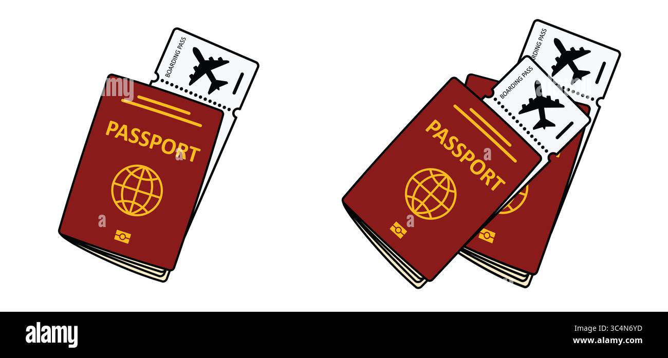 Cartoon passport and boarding pass icon. Airline tickets to fly ...