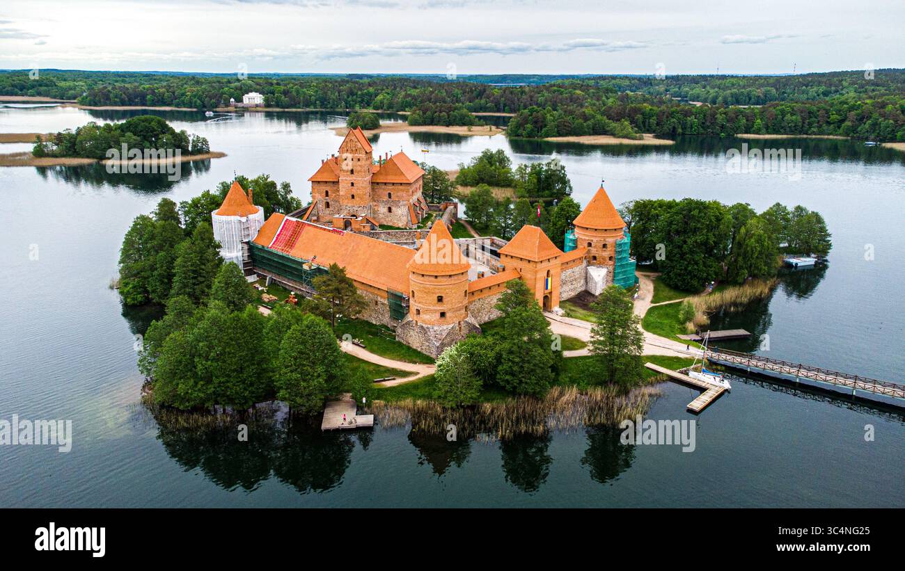 Aerial view of a castle on a small island in a lake Stock Photo - Alamy