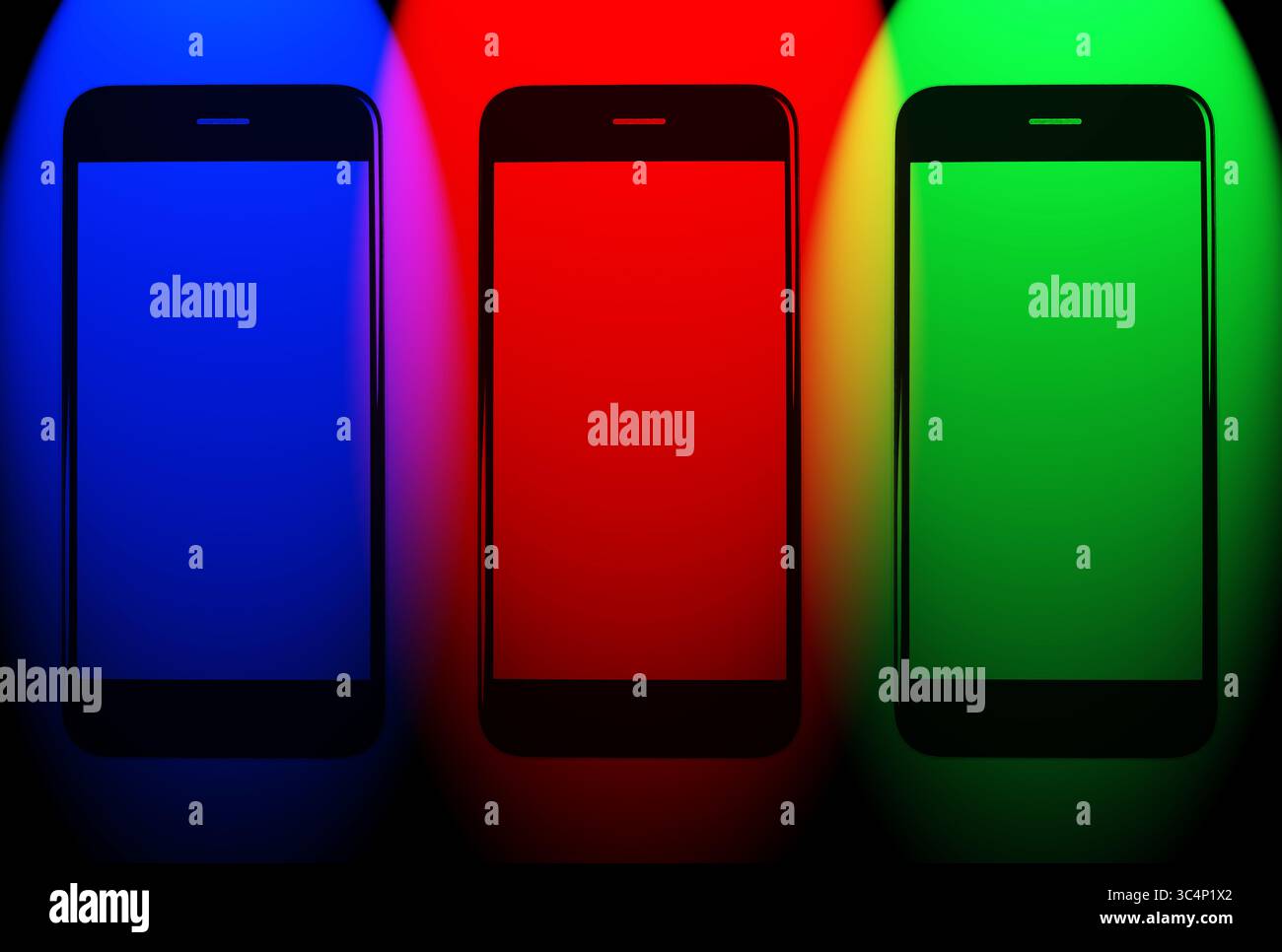 three smartphone against RGB colors spotlight Stock Photo - Alamy