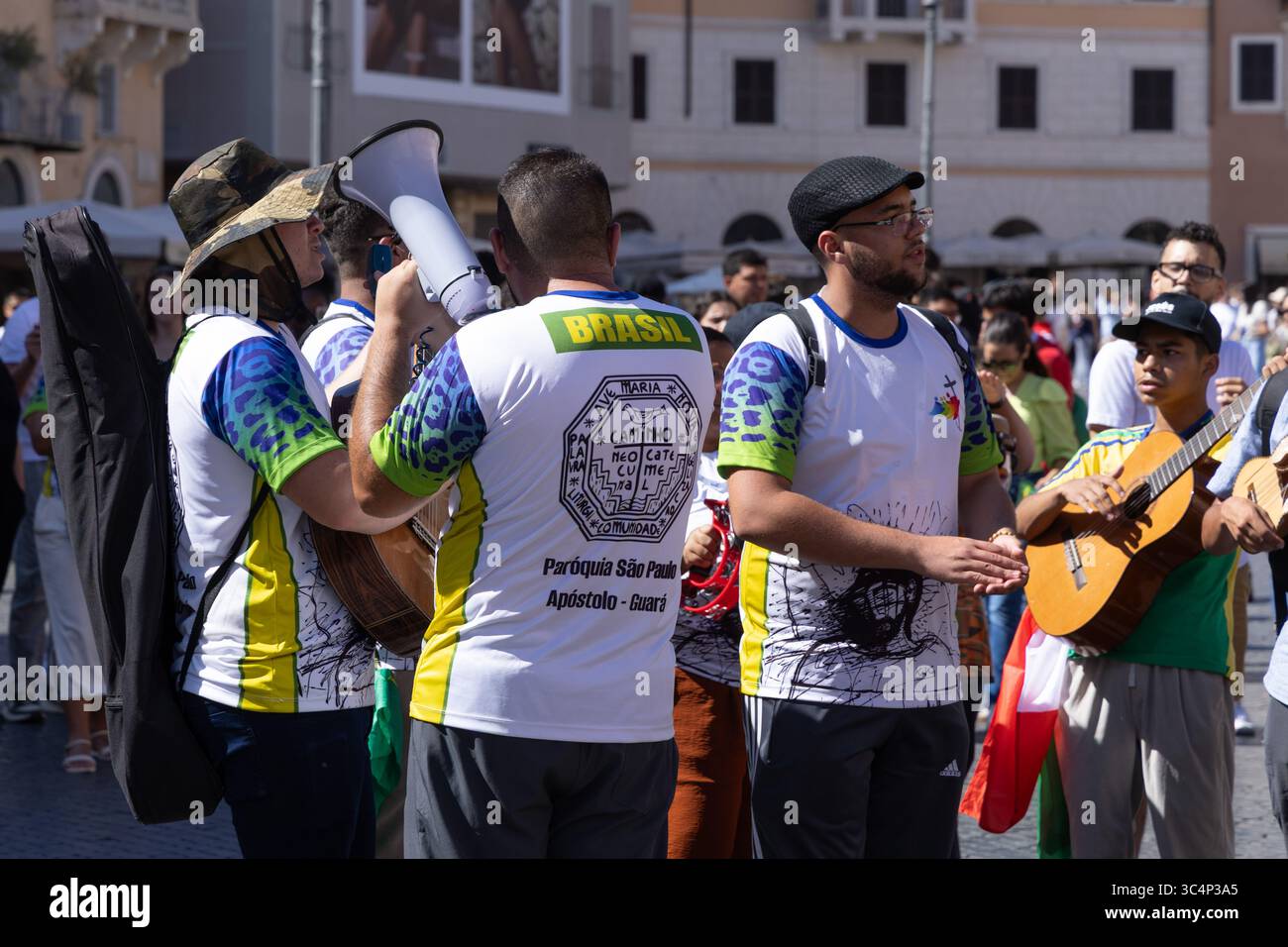 Groups of young pilgrims from around the world sing and dance in Piazza ...