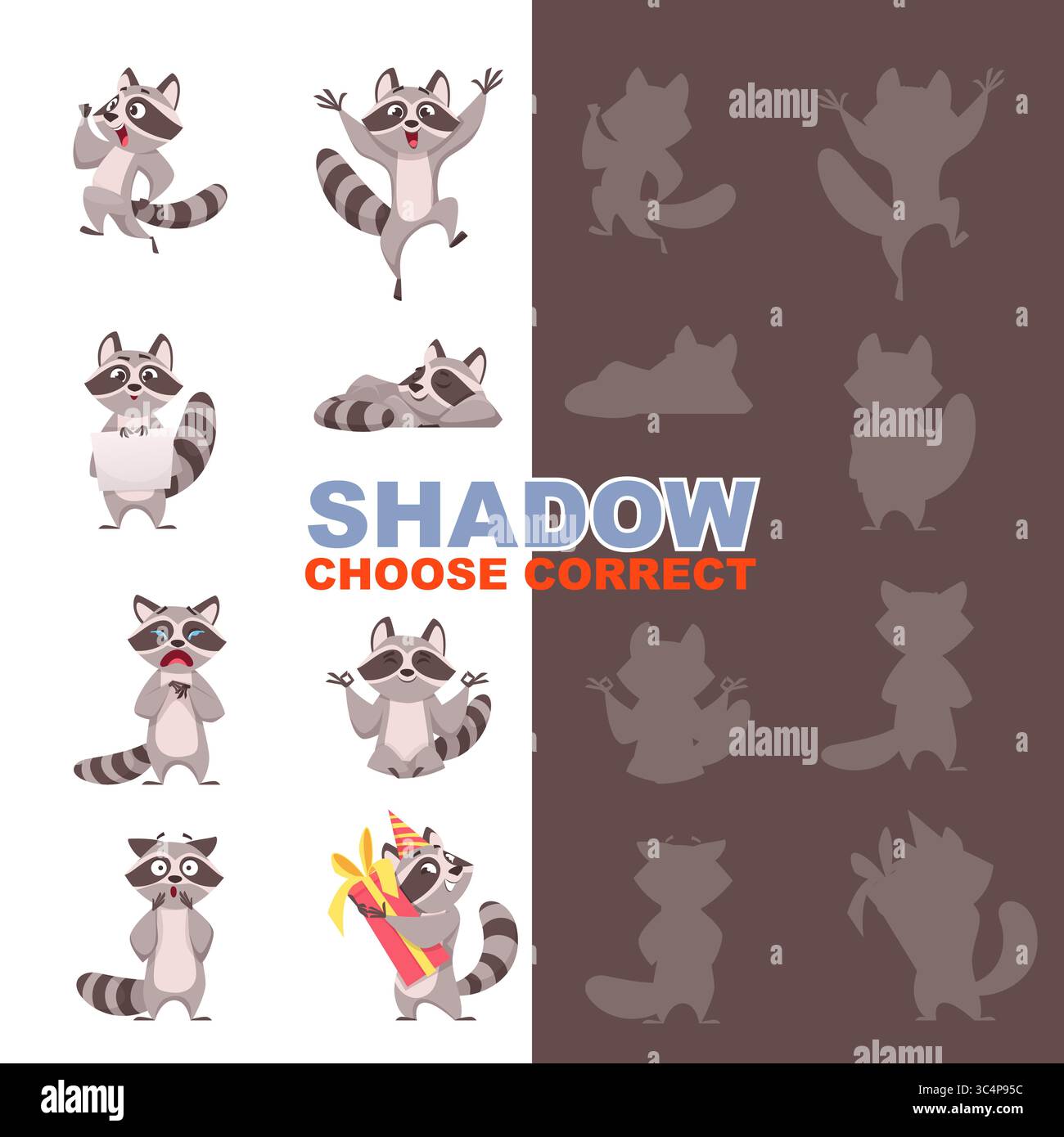 Correct shadow. racoon in different poses. smart game for kids Stock ...