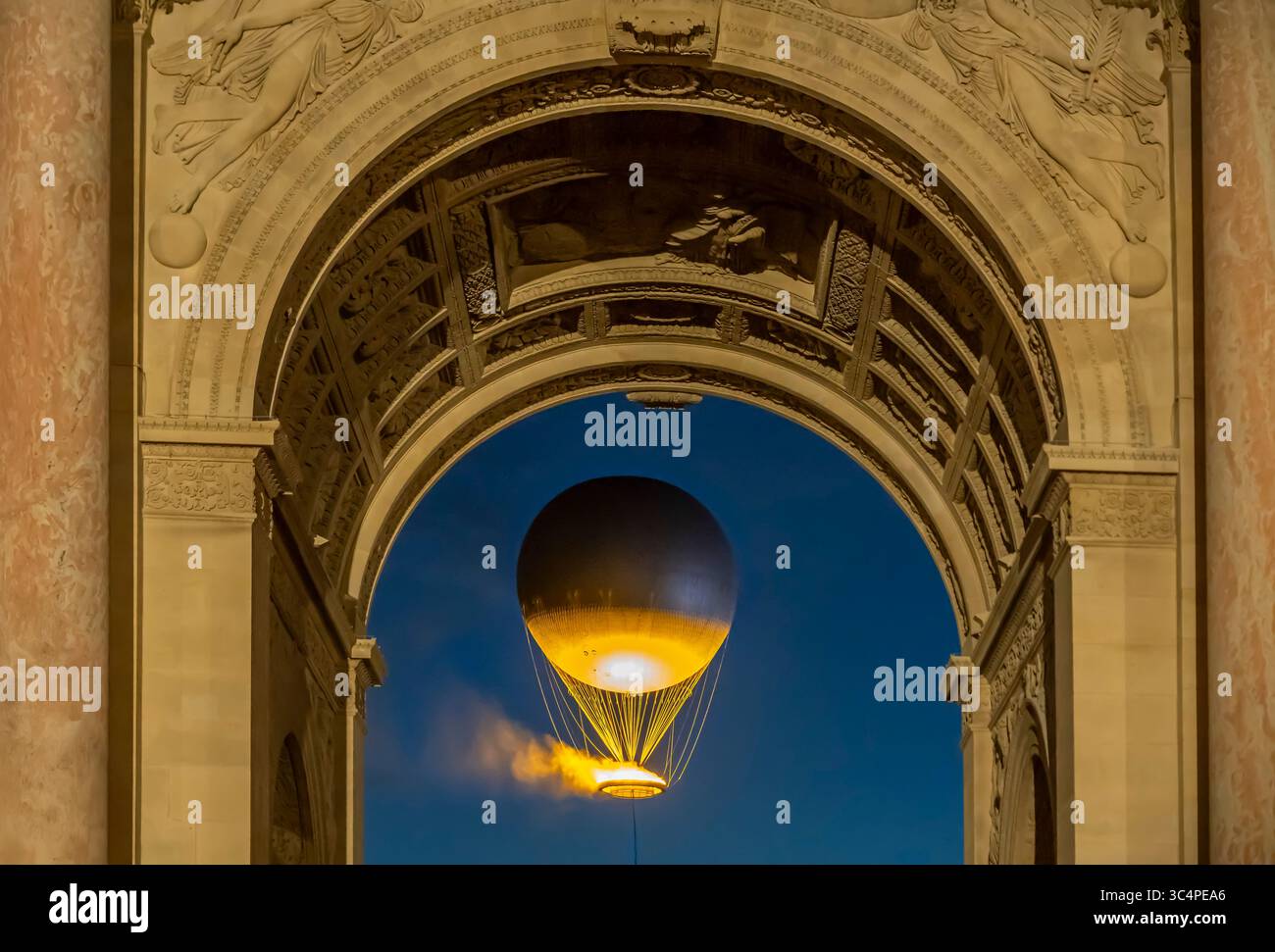 Paris, France - 07 28 2025: View the Olympic Cauldron flying throught ...