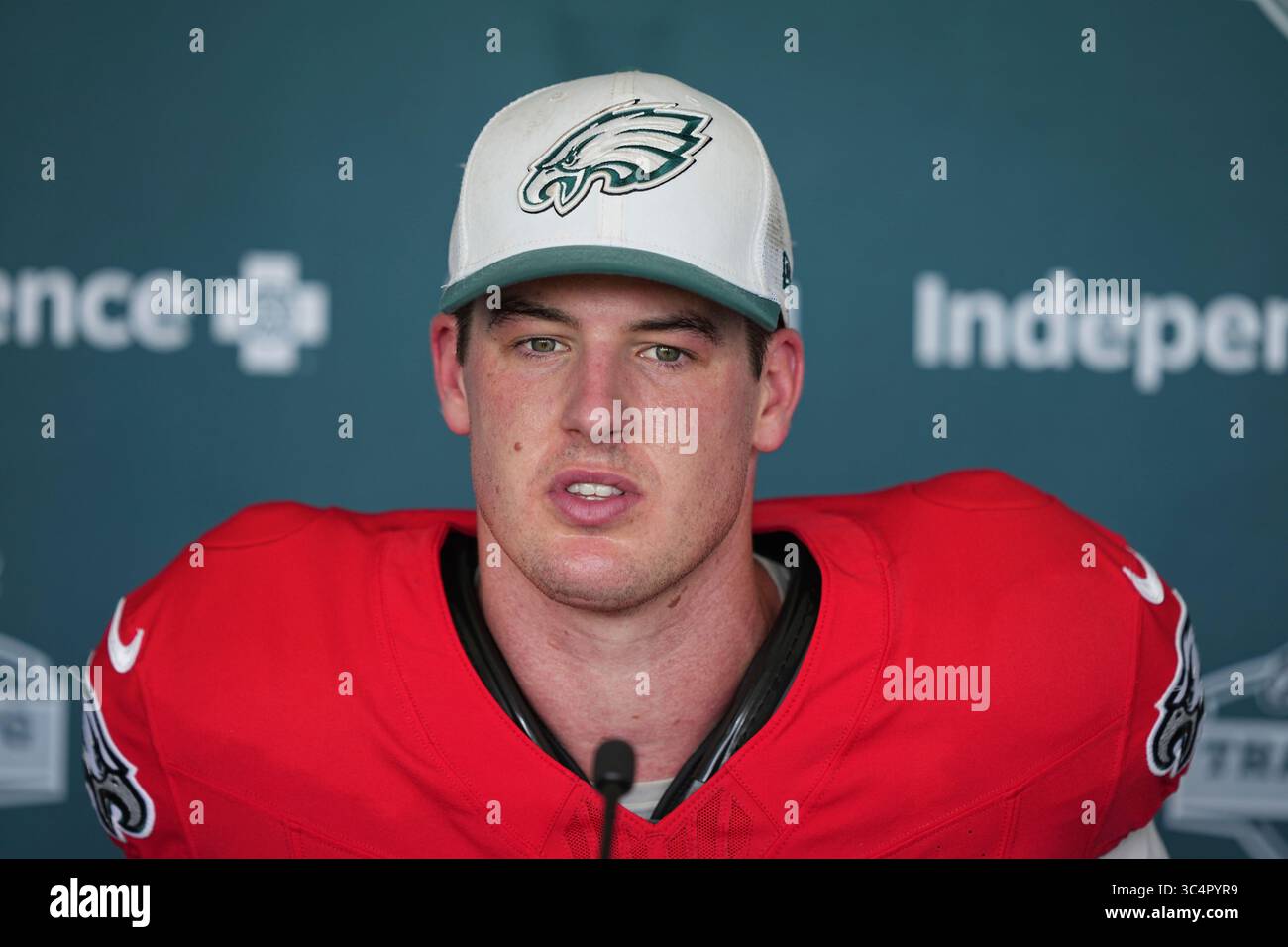 Philadelphia Eagles quarterback Tanner McKee speaks during a news ...