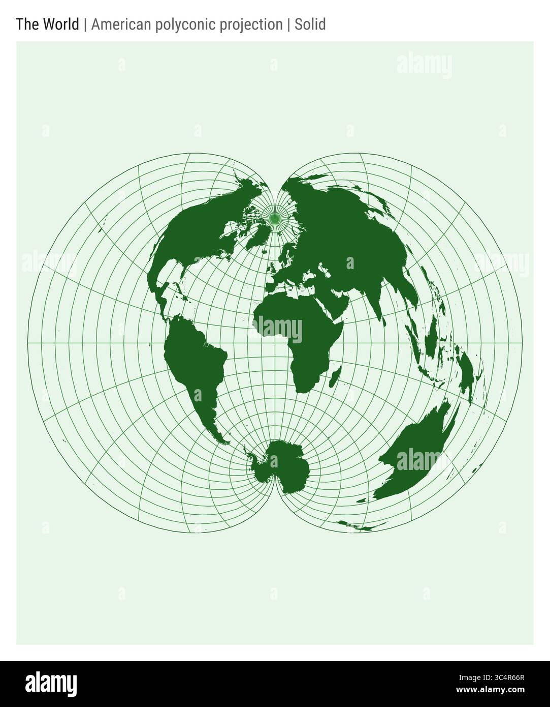 World Map. American polyconic projection. Solid style. High detail ...