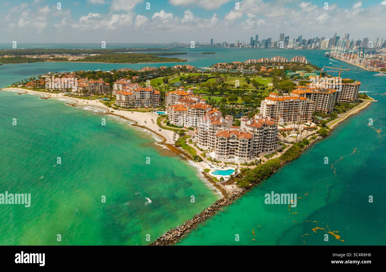 Fisher Island. Miami Beach aerial drone view with skyline. Miami from ...