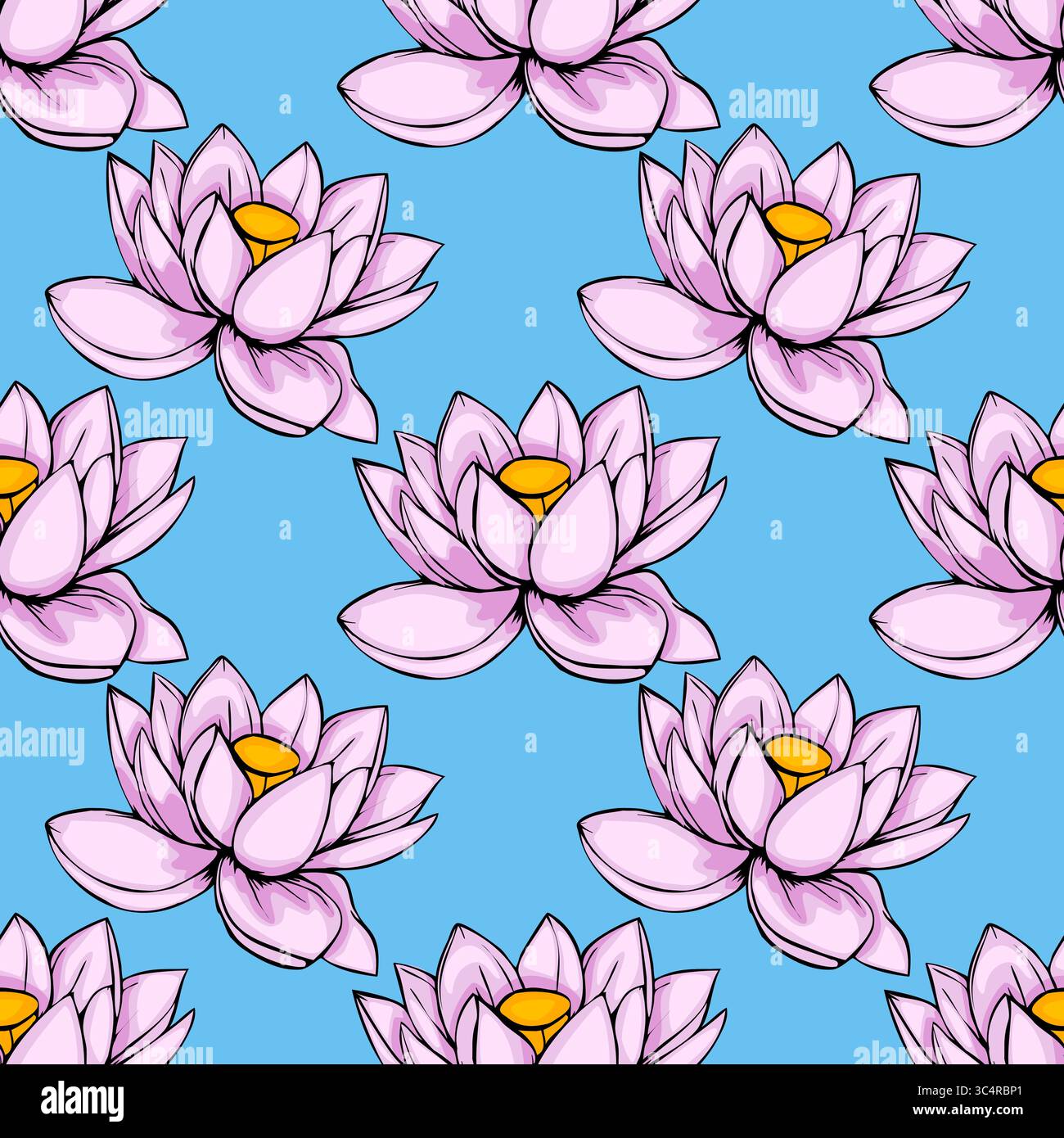 A vibrant vector seamless pattern featuring stylized pink lotus flowers ...