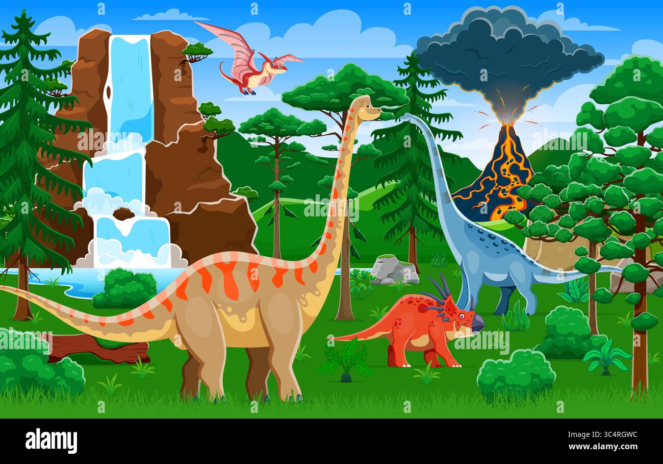 Cartoon prehistoric dinosaurs at volcano landscape in Jurassic jungle ...