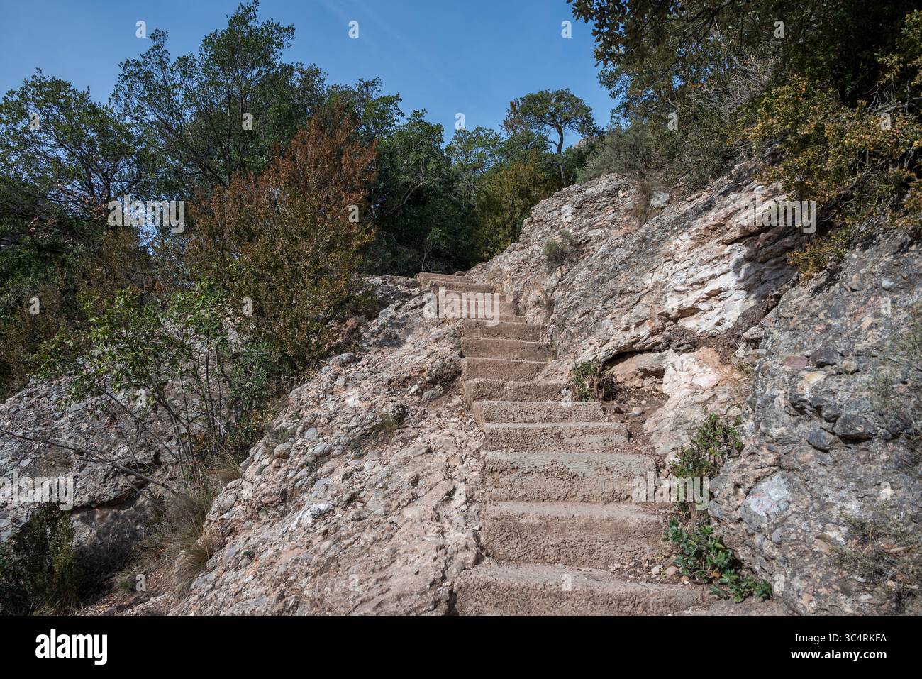 Section of stone steps along a hiking trail in the Montserrat massif ...