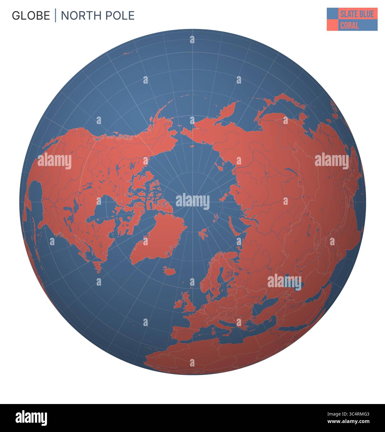 Vector globe centered on the North Pole. Slate blue and coral palette ...
