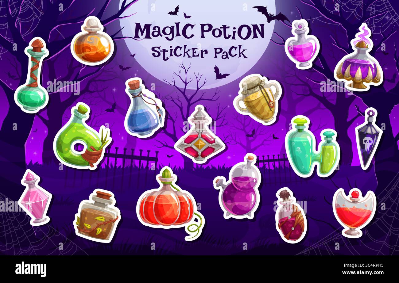 Cartoon Halloween magic potion bottles stickers pack. Vector patches ...