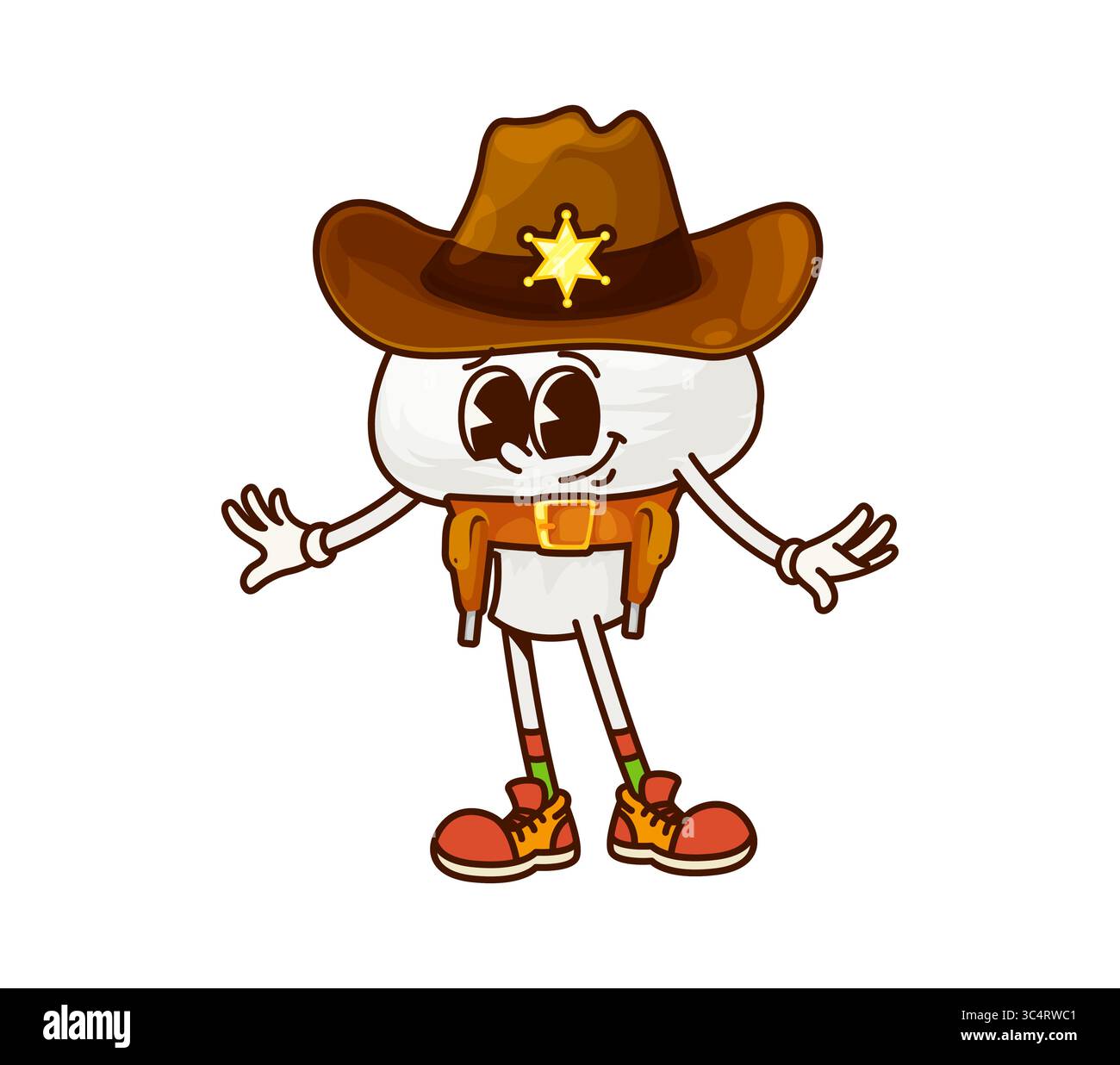 Cartoon groovy mushroom cowboy or champignon sheriff and bandit ...