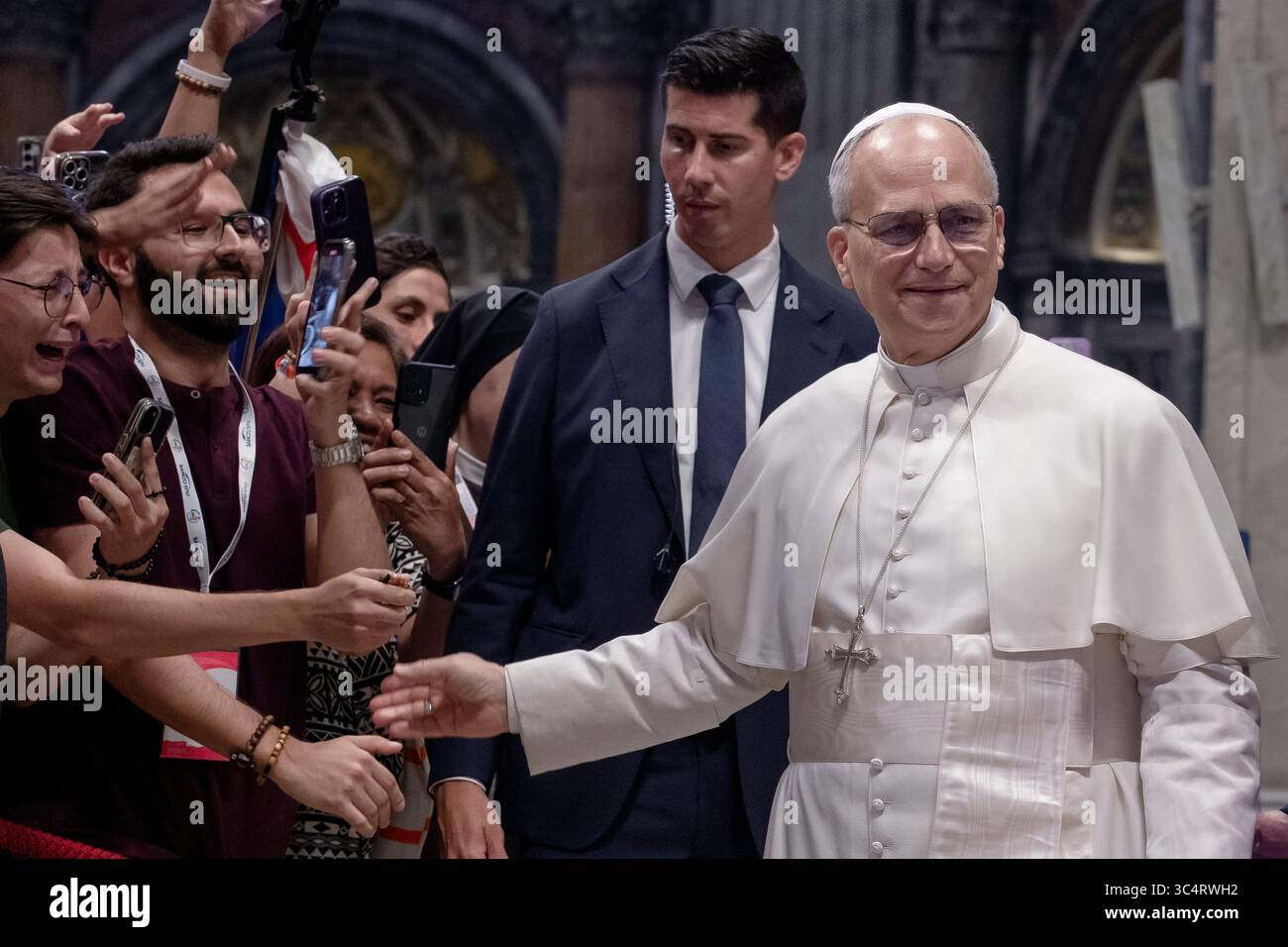 Vatican City, Vatican, 29 July 2025. Pope Leo XIV arrives to greet the ...