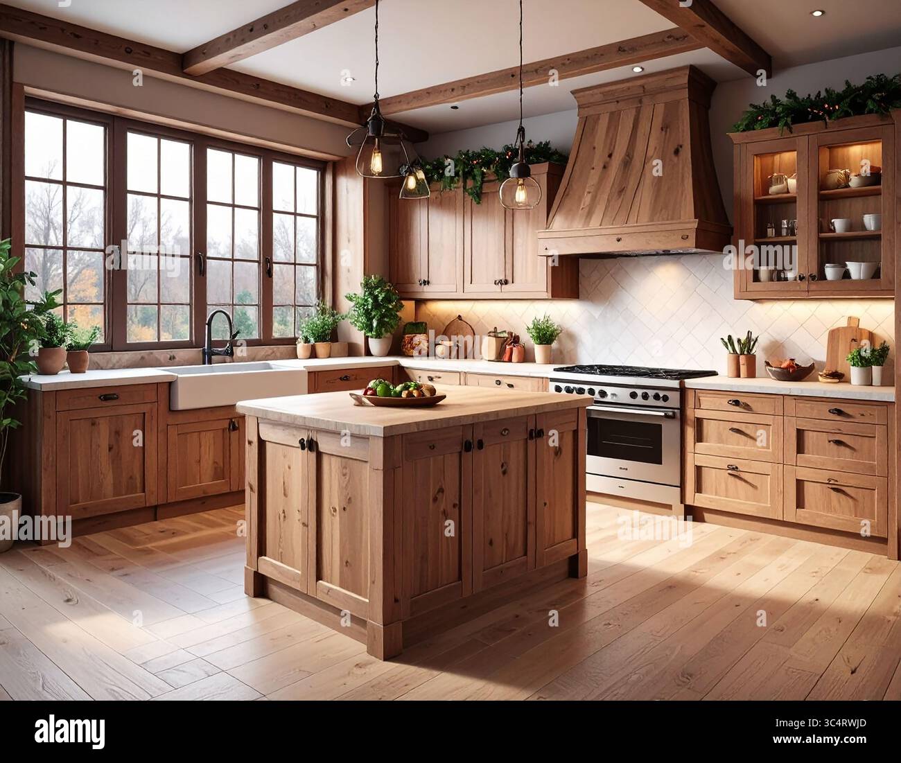 Modern kitchen with dominant wood elements and natural textures ...