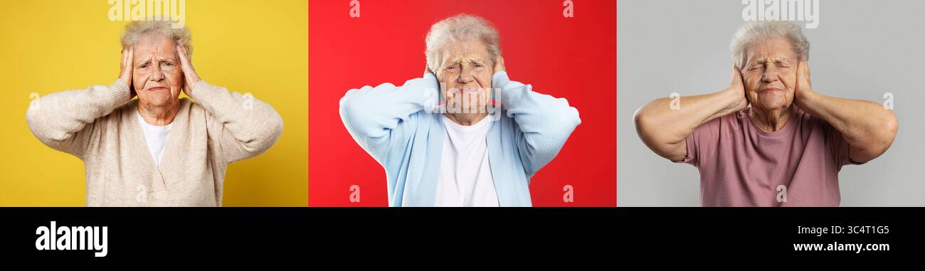 Senior woman, set of portraits on different colors backgrounds Stock ...