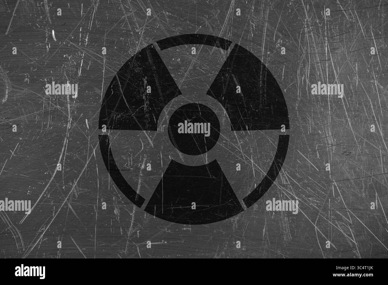 Radioactive sign on scratched metal surface. Radiological pollution ...