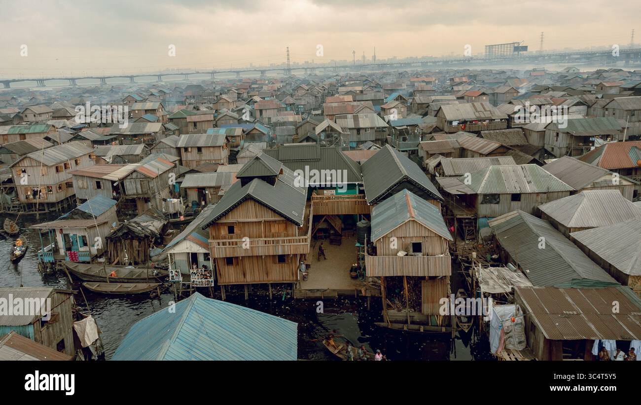 Aerial view of wooden buildings with corrugated iron roofs densely ...