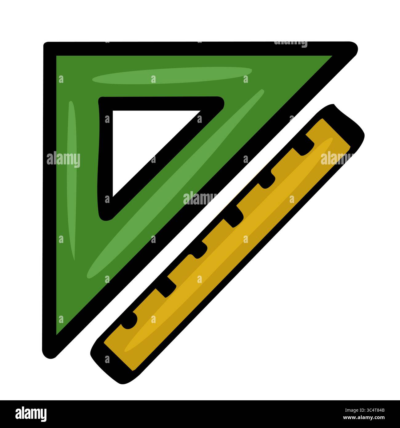 A vector illustration of a green triangle ruler and a gold measuring ...