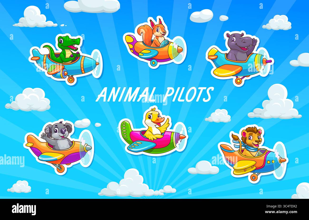Cartoon animal pilots on planes, stickers pack. Adorable squirrel ...