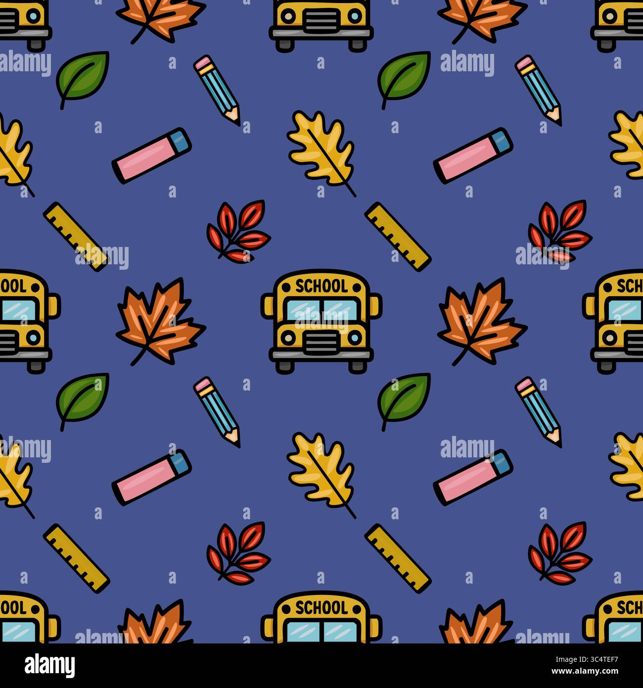 A cheerful vector seamless pattern featuring a school bus, autumn ...