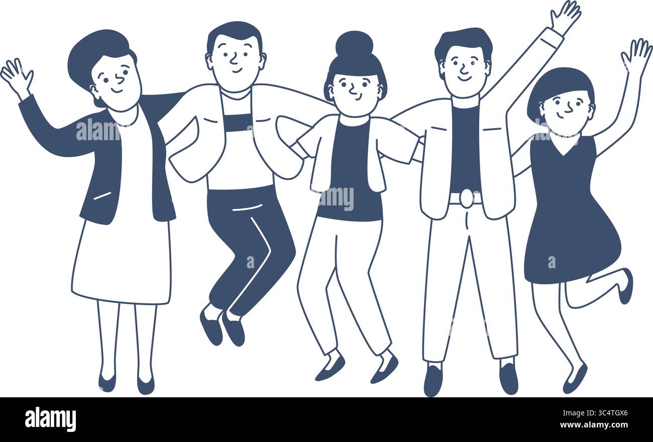 Happy jumping friends. Office team cheering, joyful people hugging and ...