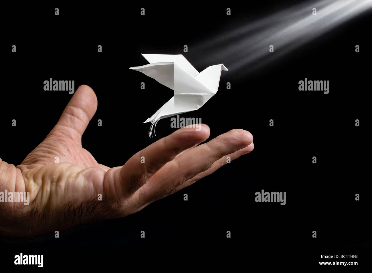 Male hand launching a floating white origami dove, peace offering or ...
