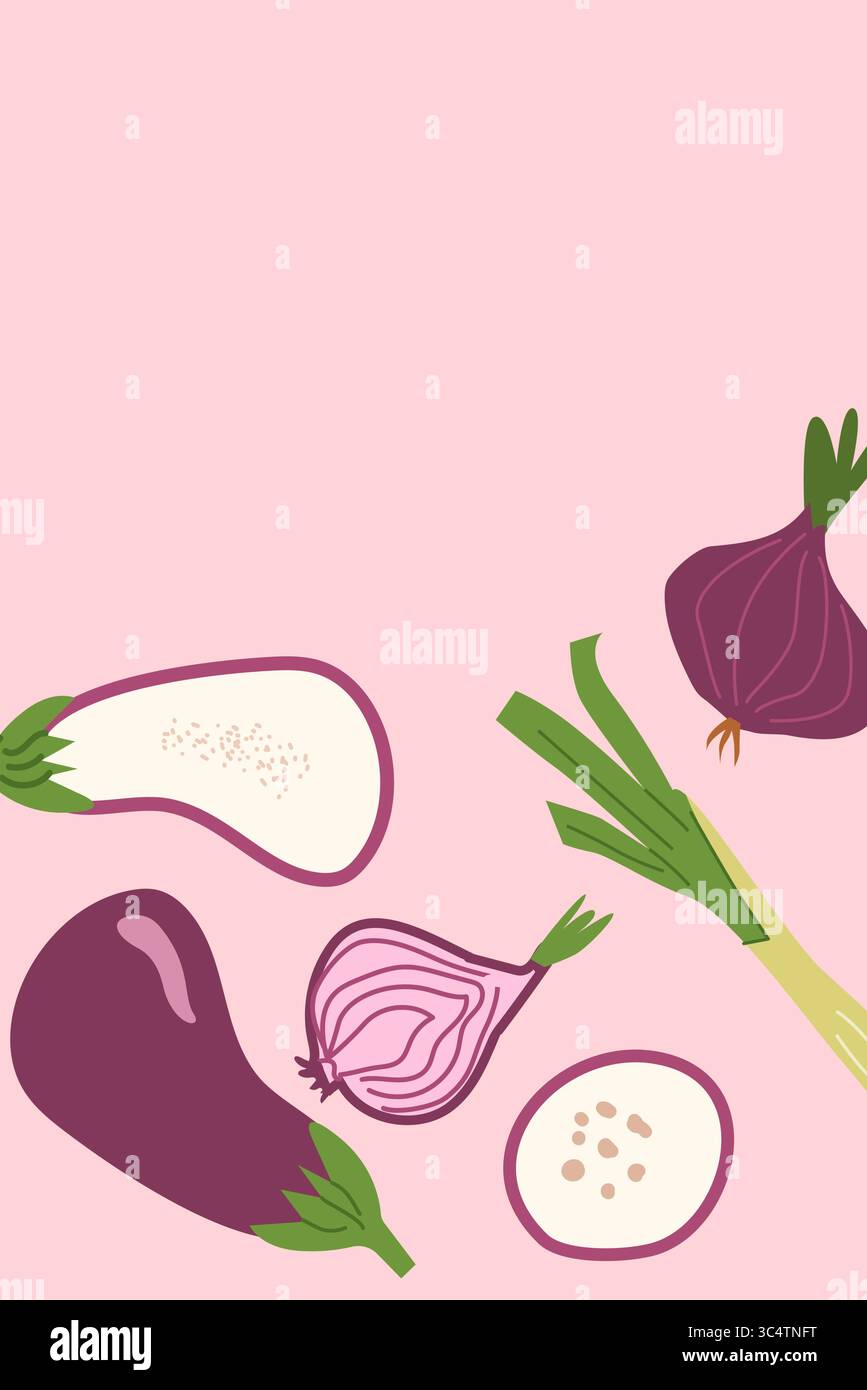 Colorful vegetables on pink background with eggplant, onion, leek ...