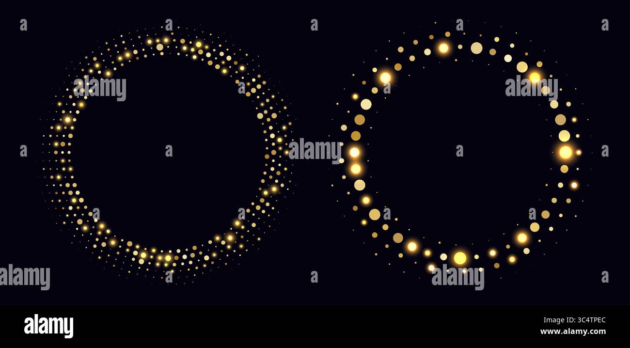 Golden halftone frames, glowing circle borders, round pattern with dots ...