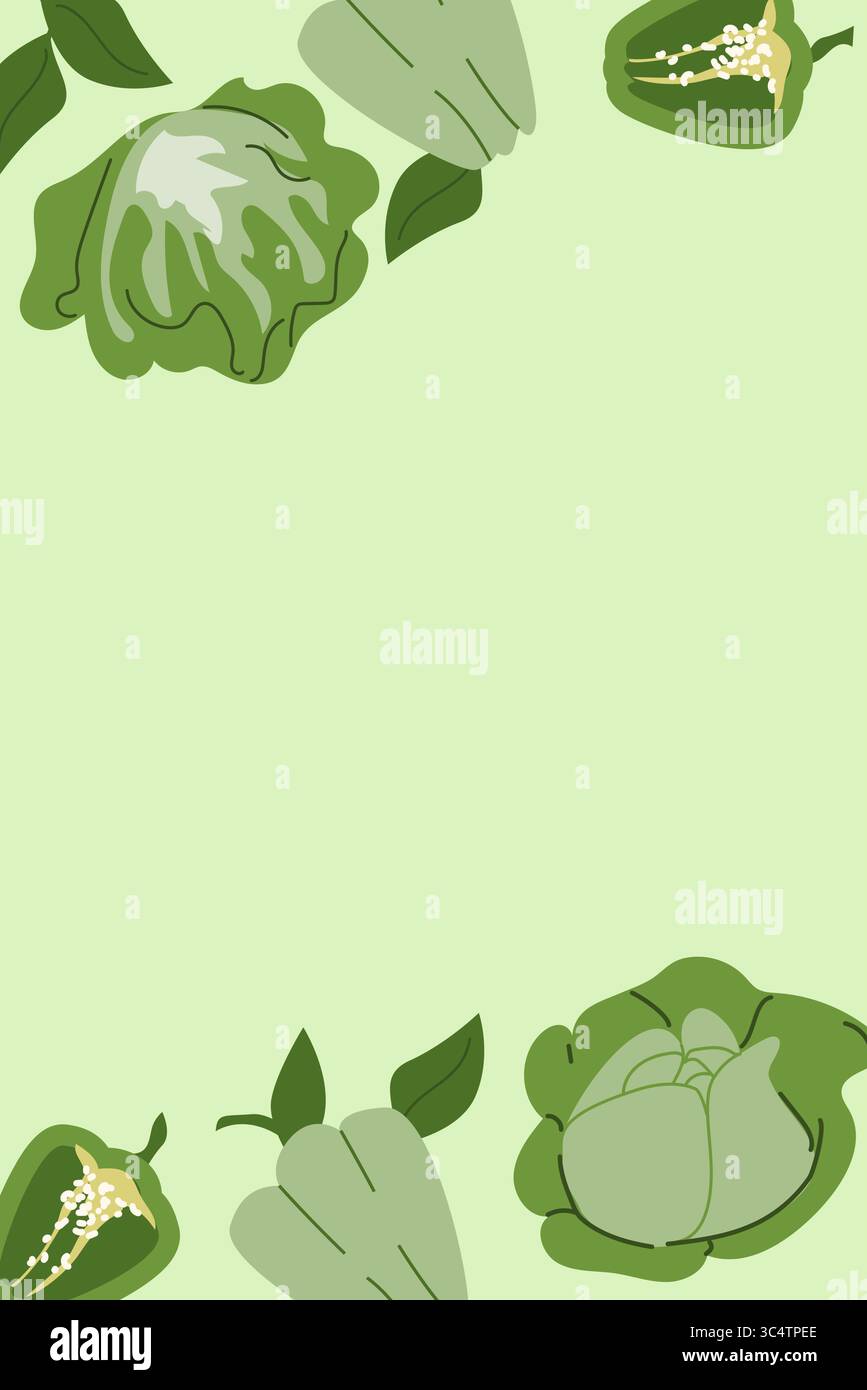 Green vegetable border with cabbage and bell pepper on light background ...