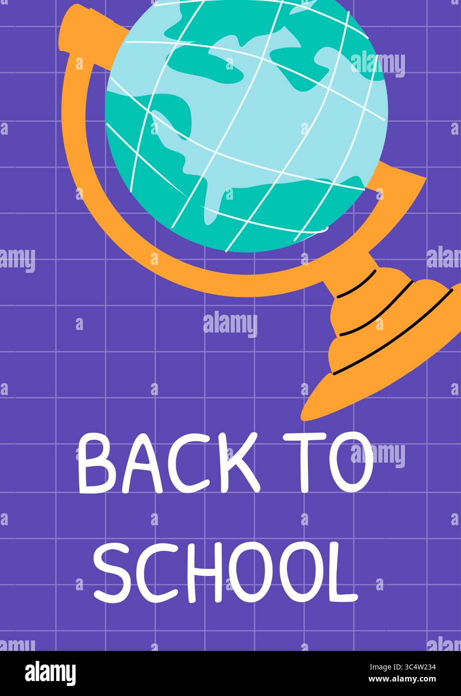 Back to school globe on purple grid background. Educational vertical ...