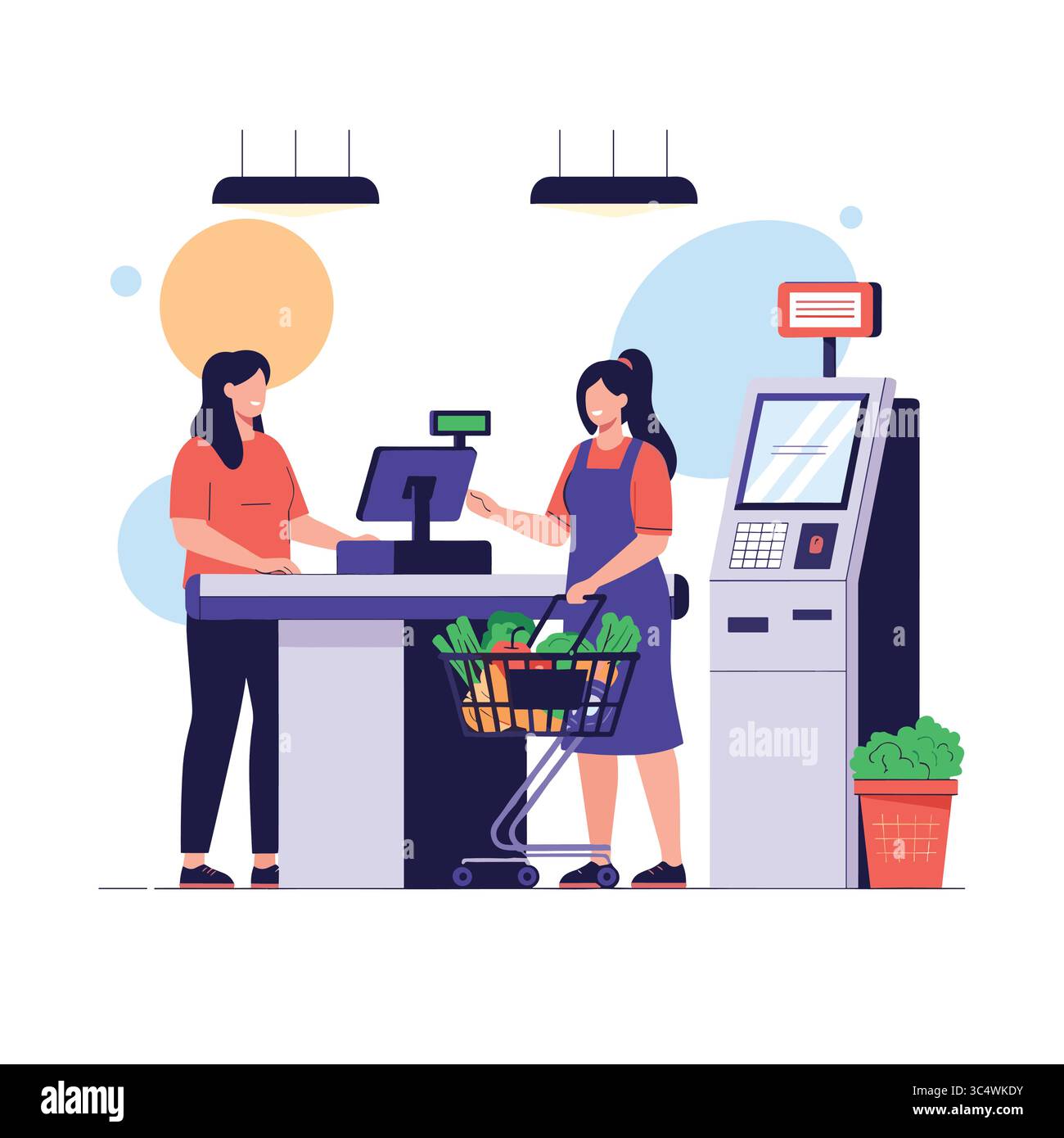 Checkout experience at the grocery store with a self service kiosk and ...