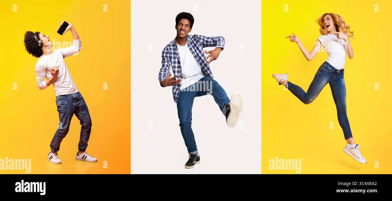 Colorful collage of diverse people in dynamic poses on bright ...