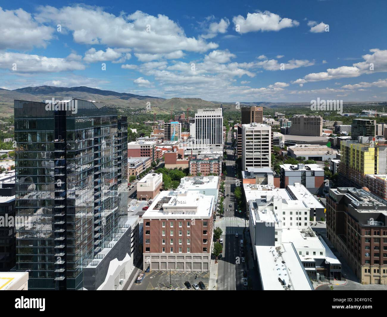 Aerial view above the downtown Boise skyline looking up Main Street ...