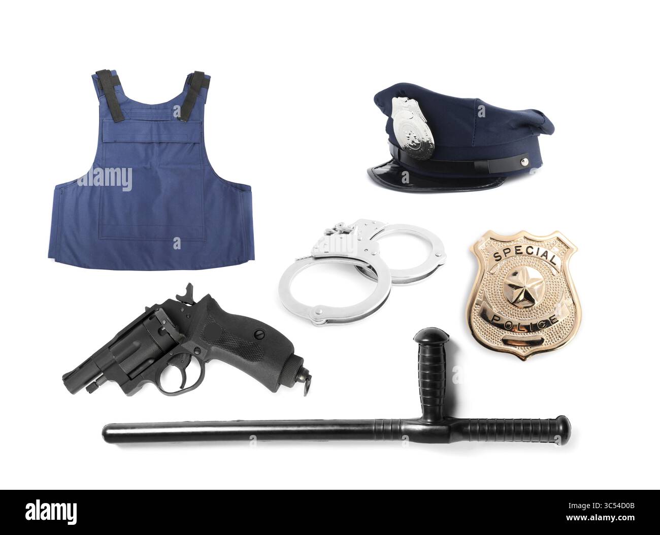 Set of police equipment isolated on white Stock Photo - Alamy