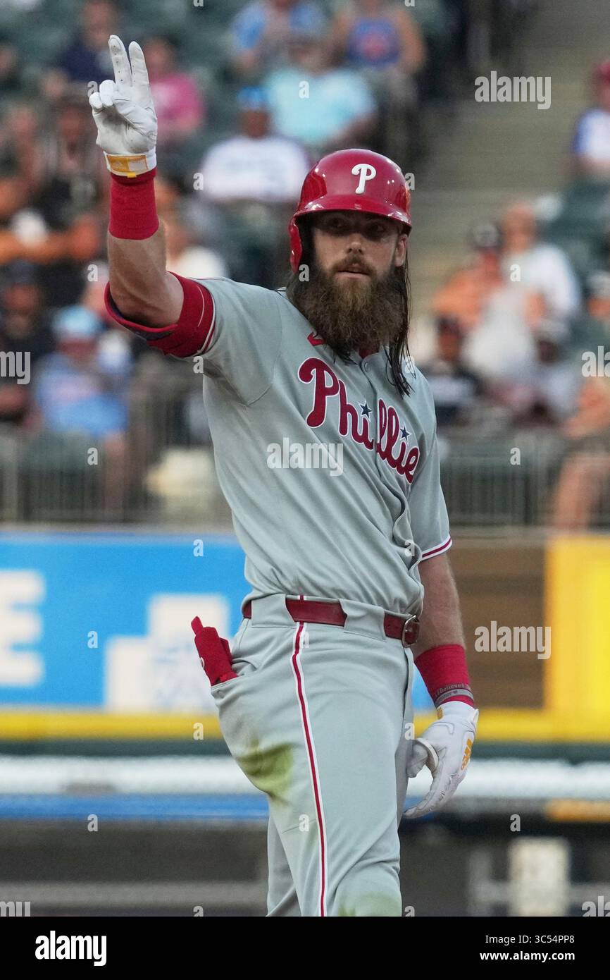 Philadelphia Phillies' Brandon Marsh celebrates after hitting a double ...